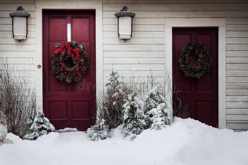 Burgundy Front Door of House Covered with White Snow Stock Illustration ...