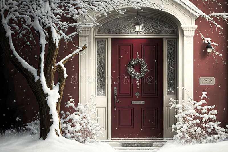 Burgundy Front Door of House Covered with White Snow Stock Illustration ...