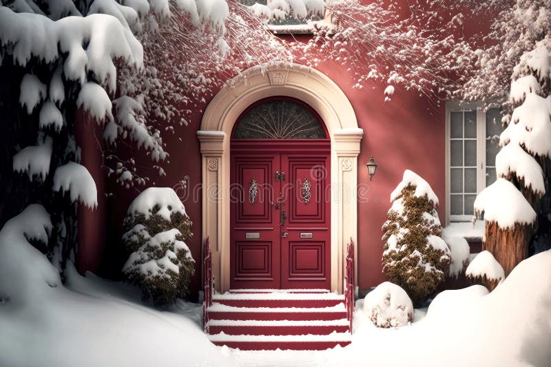 Burgundy Front Door of House Covered with White Snow Stock Illustration ...