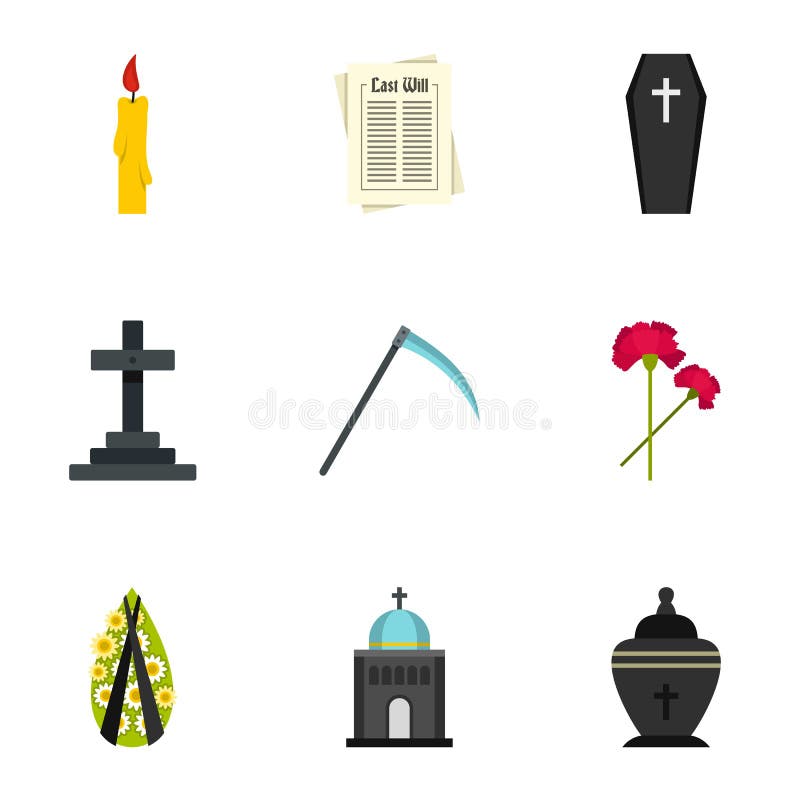 Burial Icons Set, Flat Style Stock Vector - Illustration of black ...