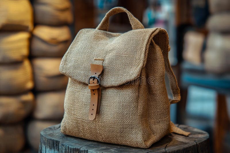 Burlap Backpack with Leather Strap Showcased on a Wooden Stump Stock ...