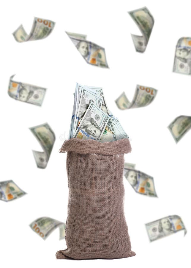 Burlap Bag and Flying Dollar Banknotes on White Background Stock Photo ...