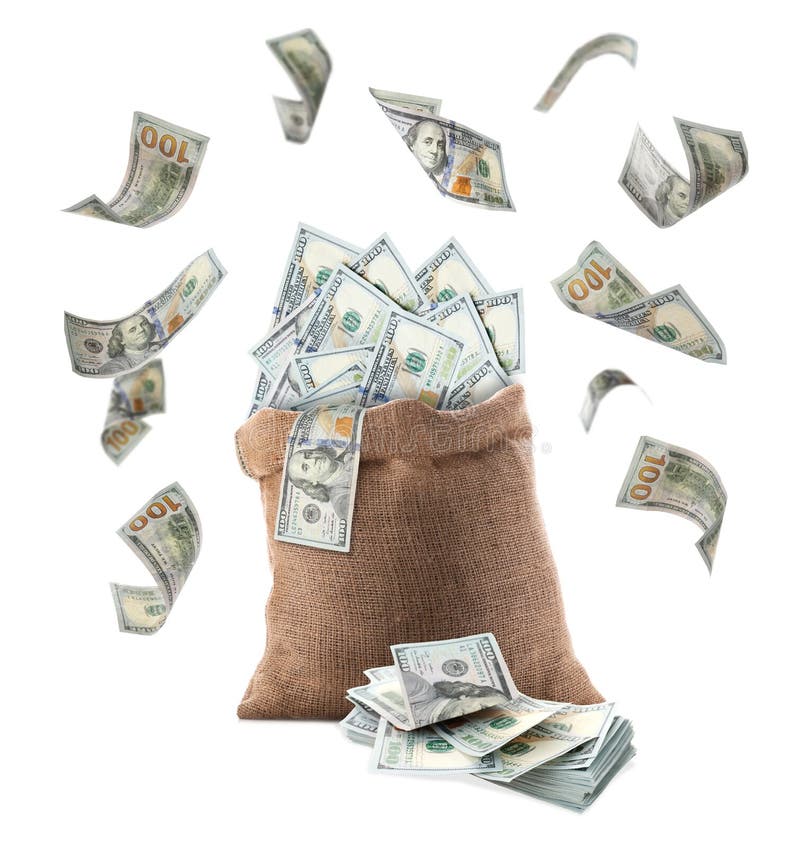 Burlap Bag and Flying Dollar Banknotes on White Background Stock Photo ...
