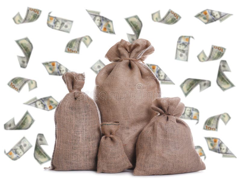 Burlap Bags and Flying Dollar Banknotes on White Background Stock Photo ...