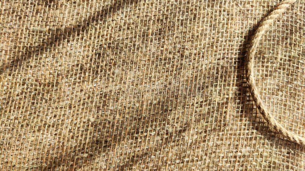 Burlap Fabric, Coarse Jute Weave, and Thick Burlap Rope. Background ...