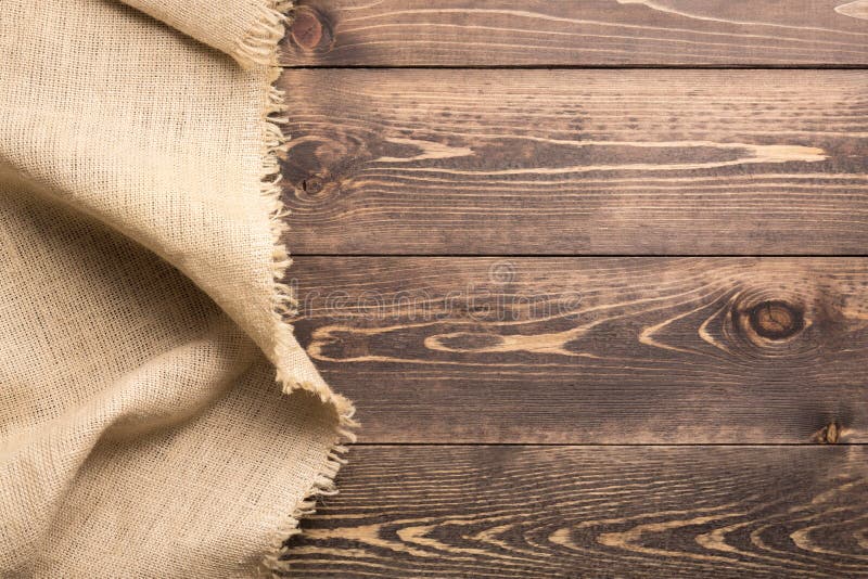 Burlap Hessian Sacking Cloth on Wooden Table Background with Free Space ...