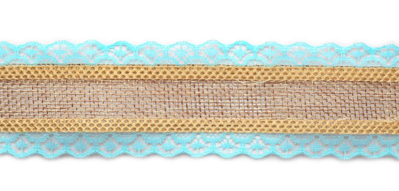 Burlap Ribbon with Light Blue Lace on White Background, Top View Stock ...