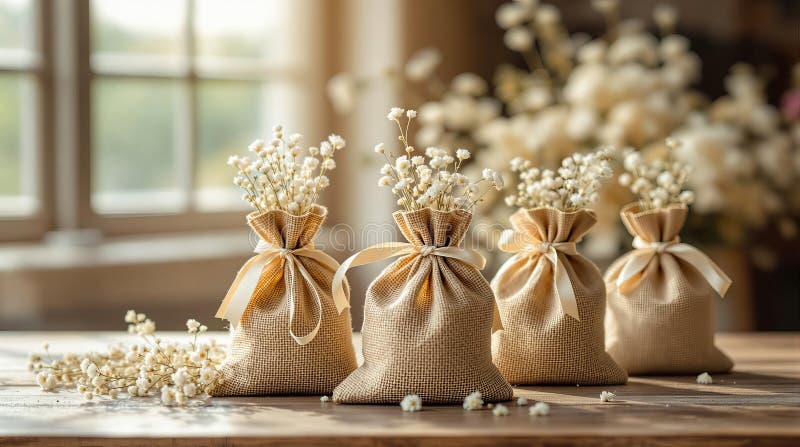 Burlap Sachets with White Flowers on Rustic Table, Perfect for Home ...