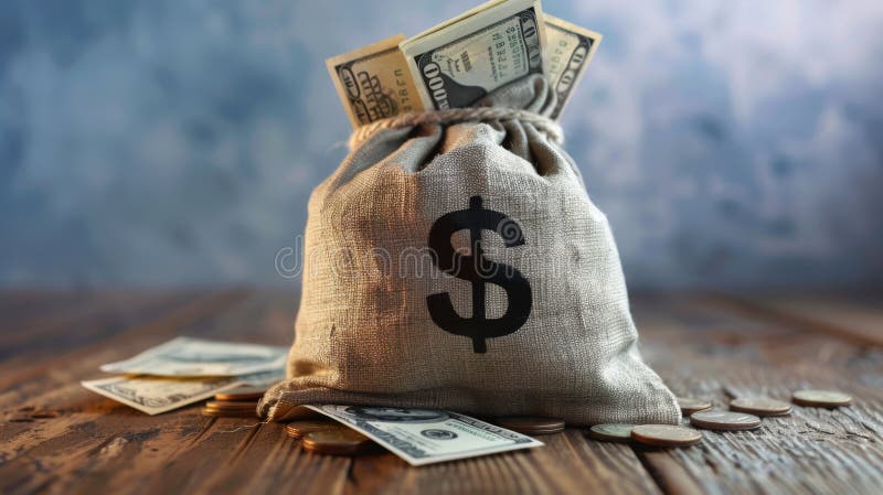 Burlap Sack with a Dollar Sign Stands Upright beside a Stack of Dollar ...
