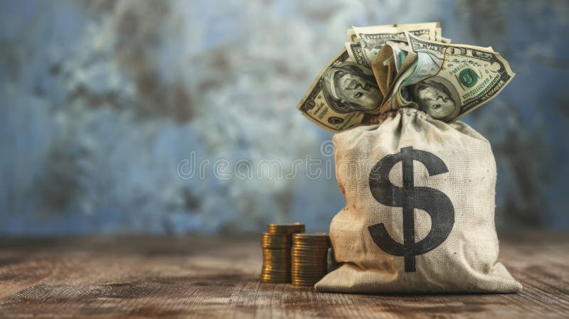 Burlap Sack with a Dollar Sign Stands Upright beside a Stack of Dollar ...