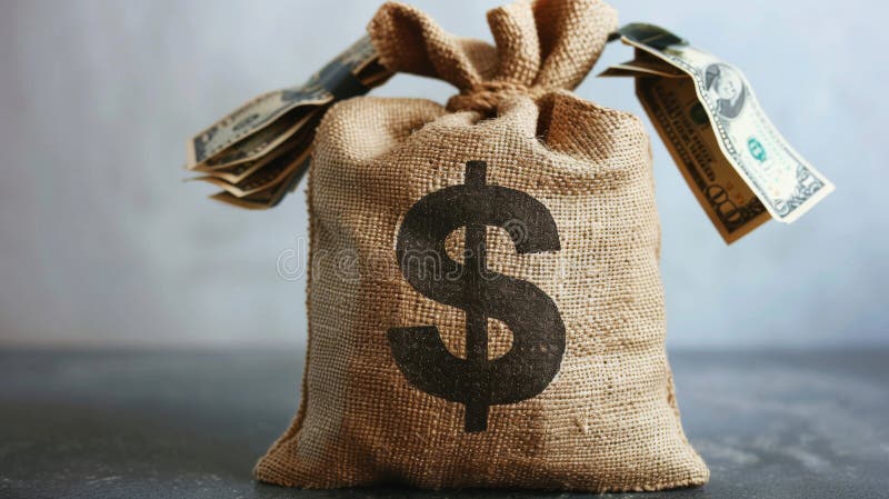 Burlap Sack with a Dollar Sign Stands Upright beside a Stack of Dollar ...