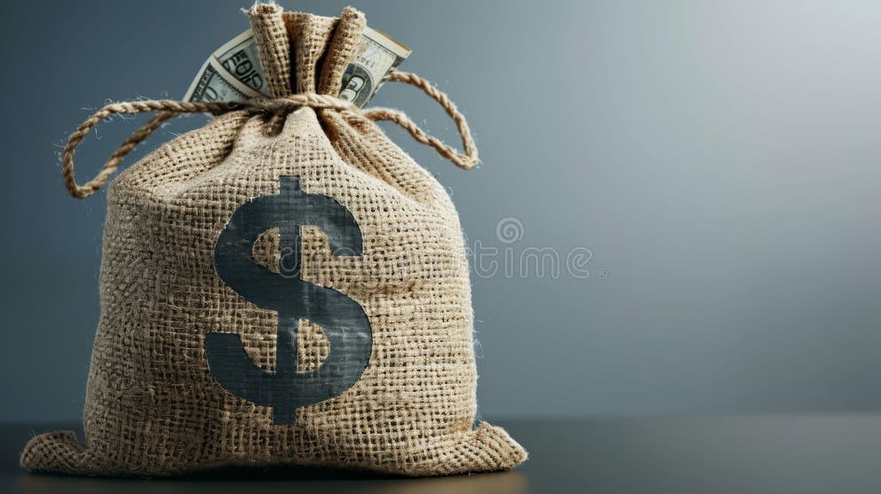 Burlap Sack with a Dollar Sign Stands Upright beside a Stack of Dollar ...