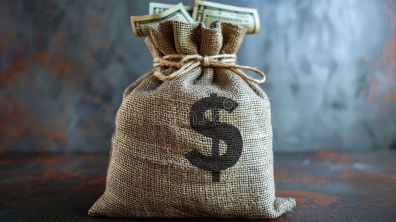Burlap Sack with a Dollar Sign Stands Upright beside a Stack of Dollar ...