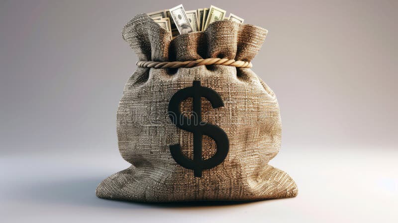 Burlap Sack with a Dollar Sign Stands Upright beside a Stack of Dollar ...