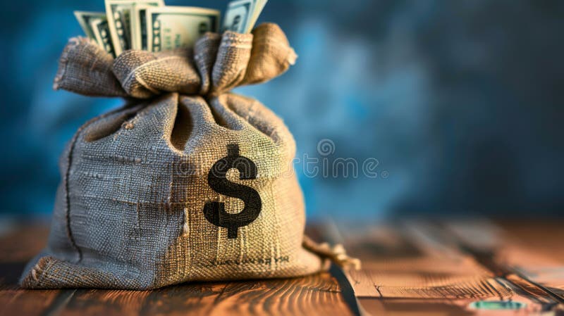 Burlap Sack with a Dollar Sign Stands Upright beside a Stack of Dollar ...