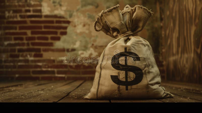 Burlap Sack with a Dollar Sign Stands Upright beside a Stack of Dollar ...