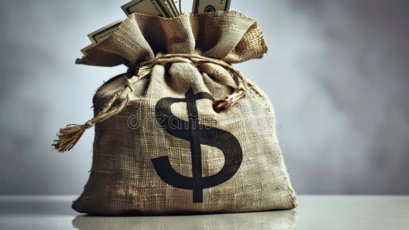 Burlap Sack with a Dollar Sign Stands Upright beside a Stack of Dollar ...