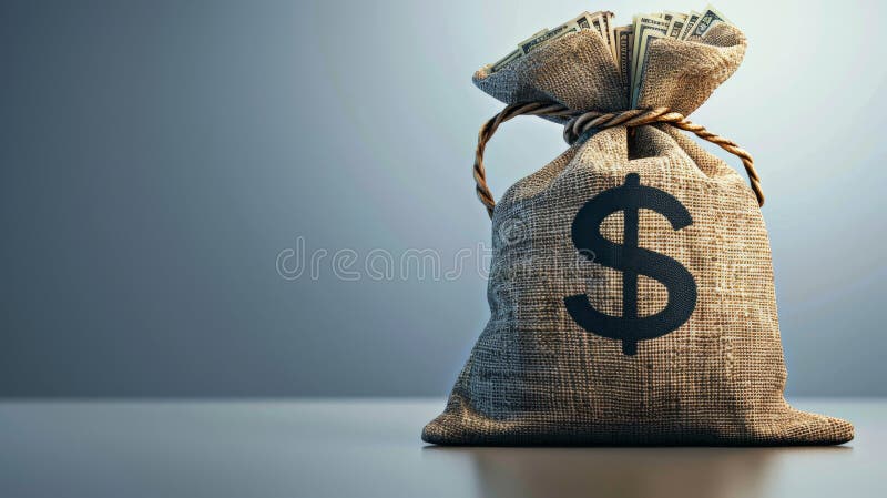 Burlap Sack with a Dollar Sign Stands Upright beside a Stack of Dollar ...