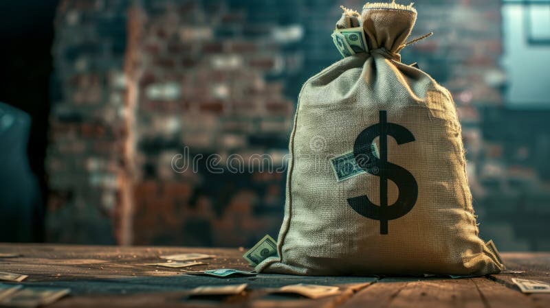 Burlap Sack with a Dollar Sign Stands Upright beside a Stack of Dollar ...