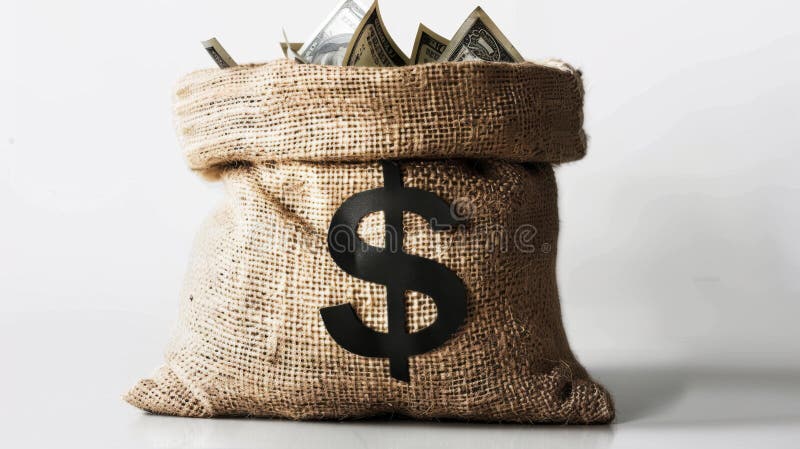 Burlap Sack with a Dollar Sign Stands Upright beside a Stack of Dollar ...