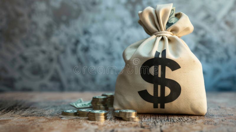 Burlap Sack with a Dollar Sign Stands Upright beside a Stack of Dollar ...