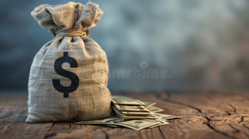 Burlap Sack with a Dollar Sign Stands Upright beside a Stack of Dollar ...