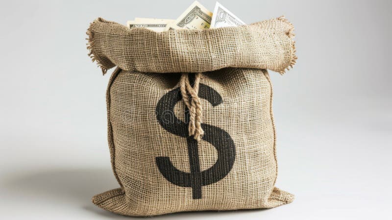Burlap Sack with a Dollar Sign Stands Upright beside a Stack of Dollar ...