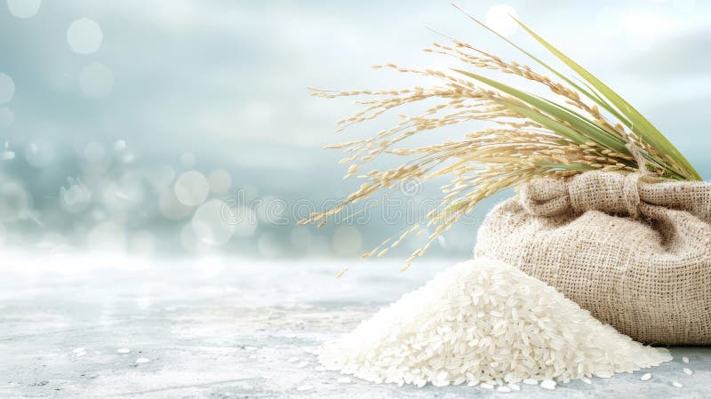 A Burlap Sack Filled with Rice Grains, with Stalks of Rice in the ...