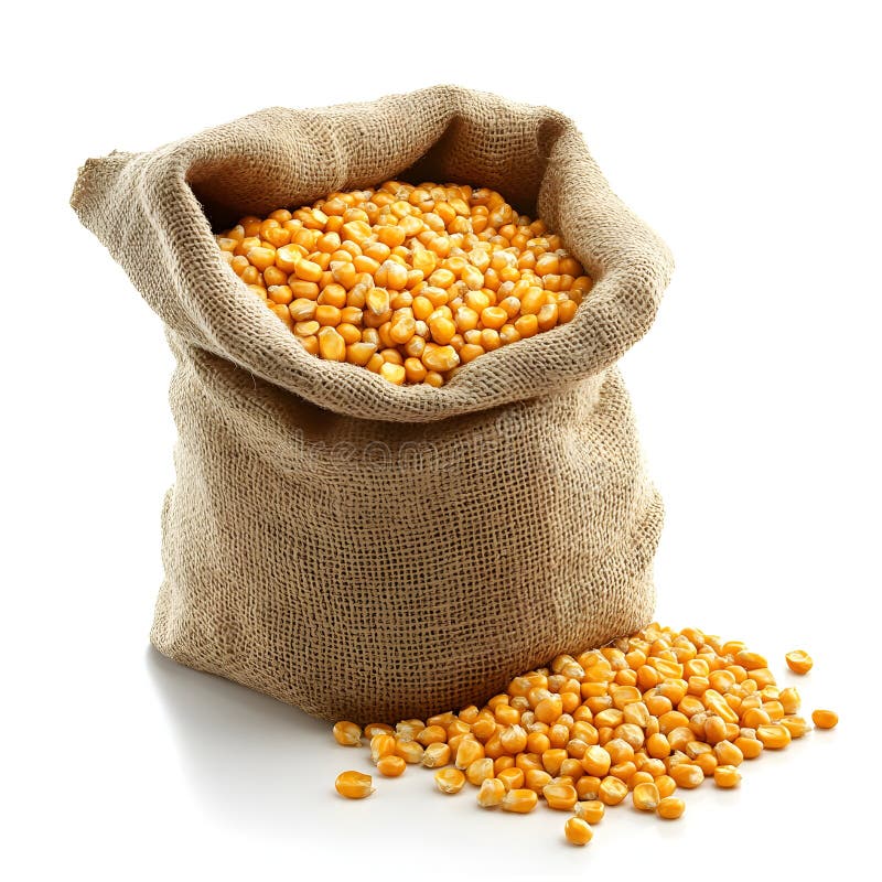Burlap Sack Filled with Spilled Golden Corn Kernels on Plain Background ...