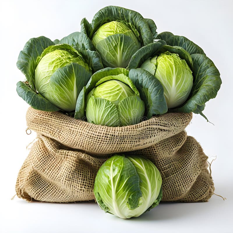 Burlap Sack Filled with Vibrant Fresh Cabbages Against White Background ...