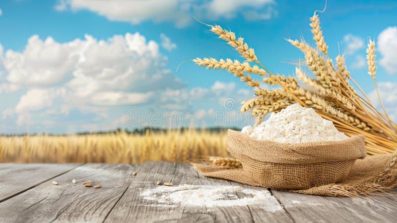 A Burlap Sack Filled with Wheat Flour Sits on a Rustic Wooden Table in ...