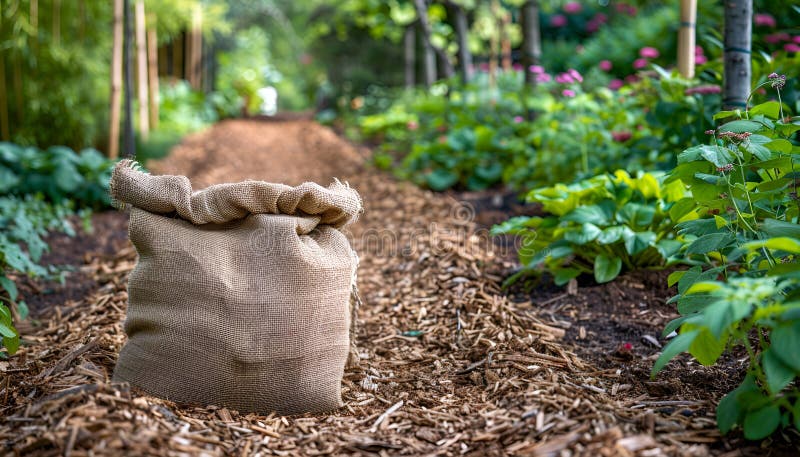 A Burlap Sack Filled with Wood Chips on a Garden Path, Representing ...