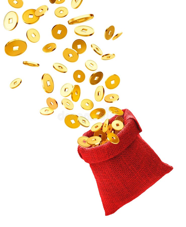 Burlap Sack Full with Chinese Gold Coins Isolated on White Background ...