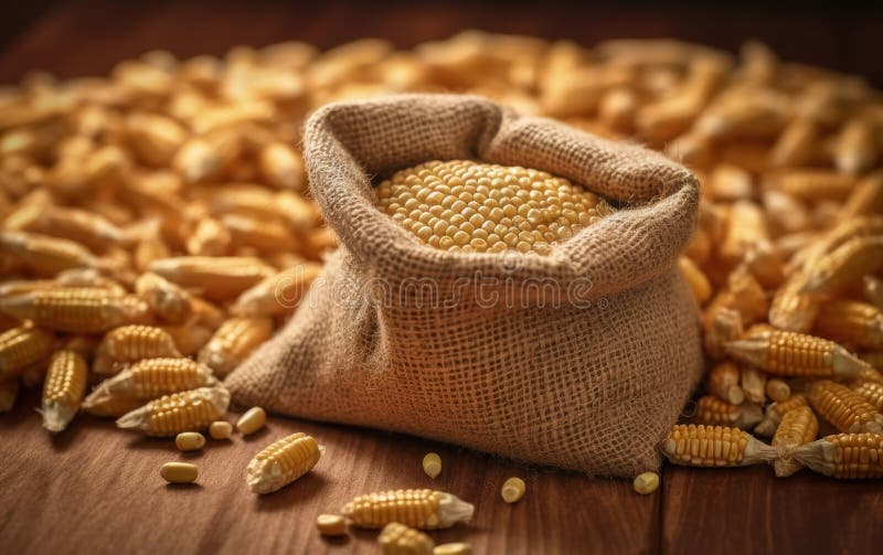 A Burlap Sack Full of Corn Kernels Against a Backdrop of More Corn ...