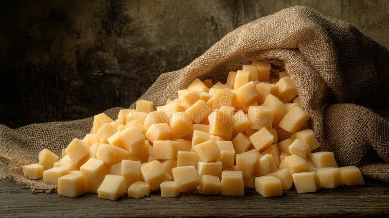 Burlap Sack Overflowing with Cubes of Yellow Cheese Stock Photo - Image ...