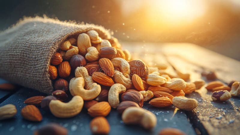 A Burlap Sack Spilling Mixed Nuts Onto a Wooden Surface Stock ...