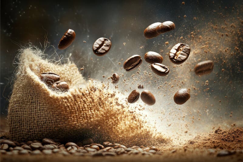 Burlap Sack Spills Fresh Roasted Coffee Beans into Air Clouded with ...