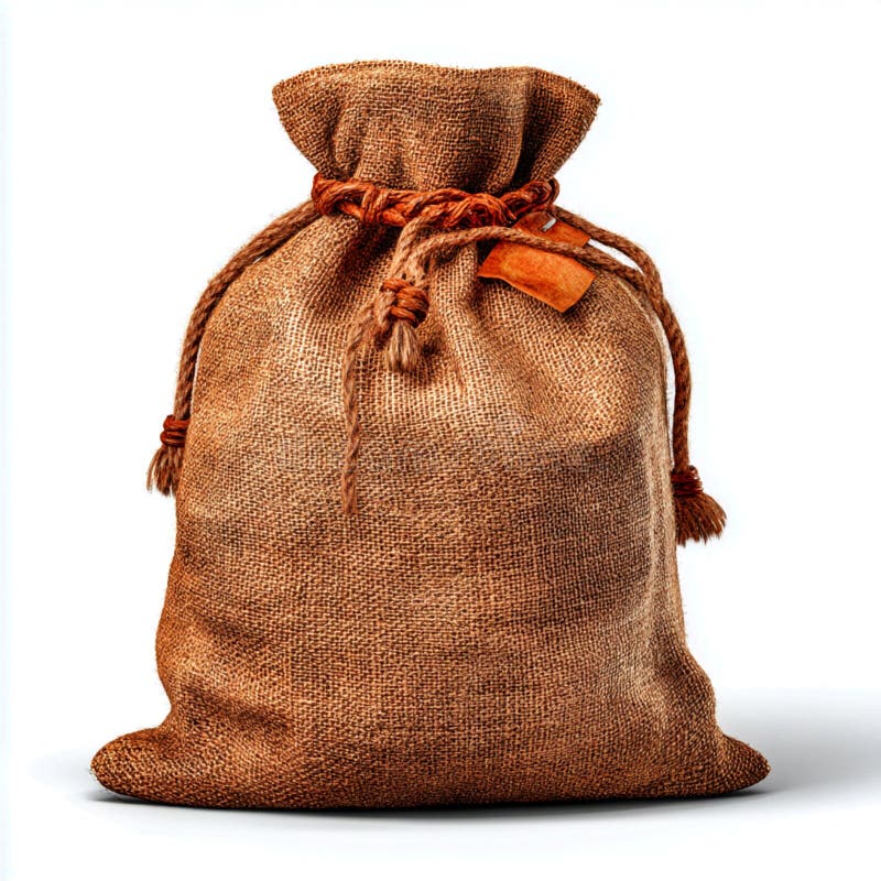 A Burlap Sack Tied with Rope on a Plain White Surface Stock ...