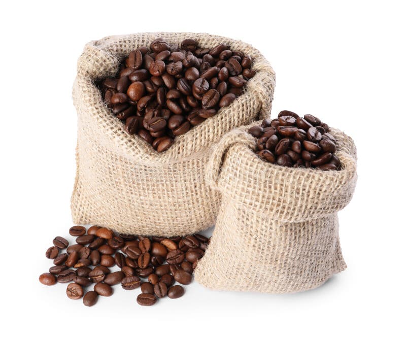 Burlap Sacks with Coffee Beans Isolated on White Stock Photo - Image of ...