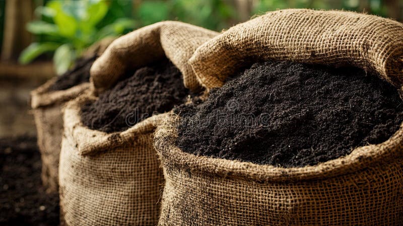 Burlap Sacks Filled with Rich, Dark Peat Soil, Essential for Plant ...
