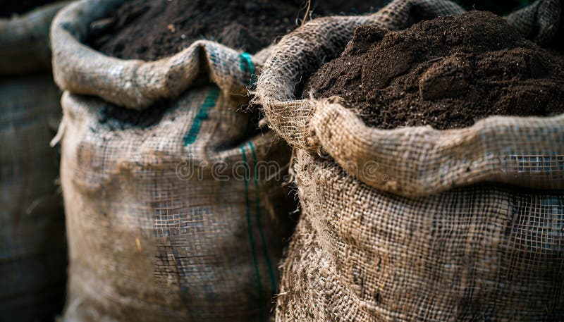 Burlap Sacks Filled with Rich, Dark Peat Soil, Essential for Plant ...