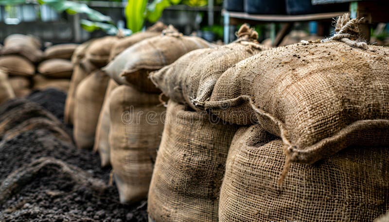 Burlap Sacks Filled with Rich, Dark Peat Soil, Essential for Plant ...