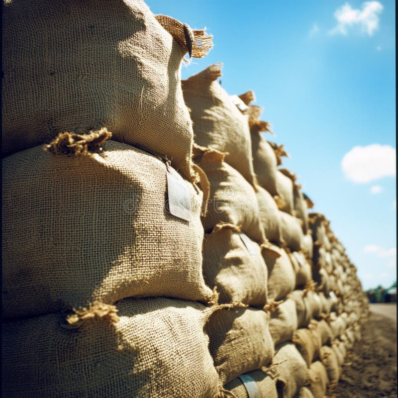 Burlap Sacks Stacked at Construction Site Against Clear Blue Sky Stock ...