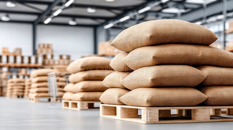 Burlap Sacks Stacked High on Pallets Inside a Large Warehouse Setting ...