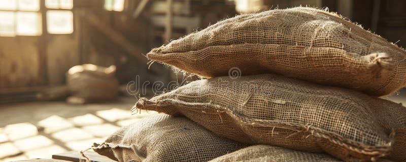 Burlap Sacks Stacked in a Rustic Warehouse, Warm Lighting Stock Photo ...