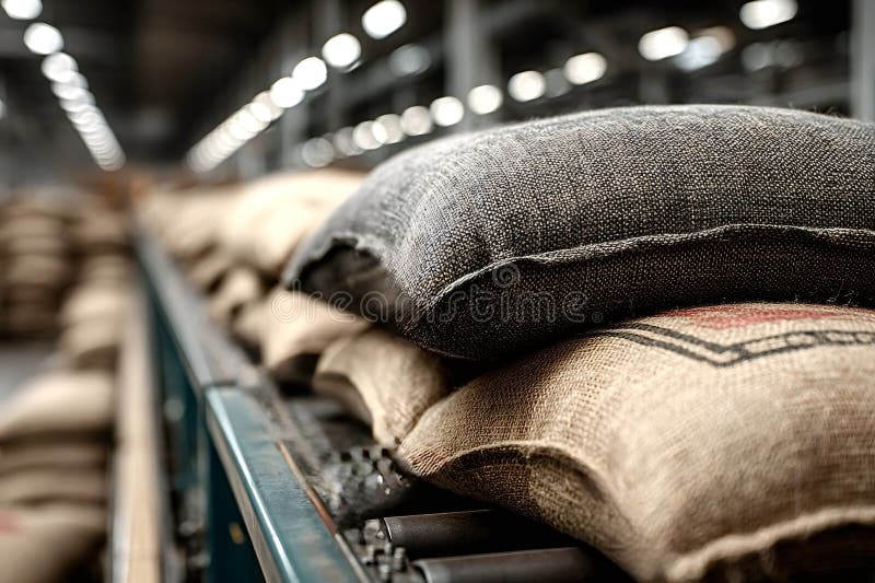 Burlap Sacks Waiting on Conveyor Belt in Warehouse Stock Photo - Image ...