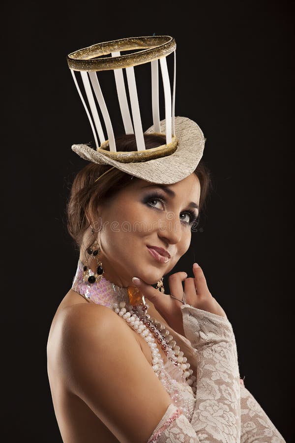 Burlesque Dancer in White Dress with Hat Stock Photo - Image of away ...