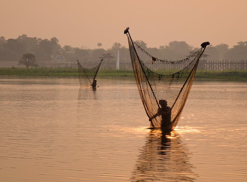 Burmese Men Catch Fish by Net in Myanmar Stock Image - Image of fish ...