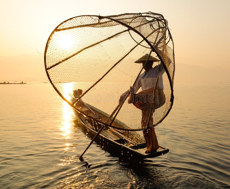 Burmese People Catching Fish by Net on the Lake in Shan, Myanmar ...