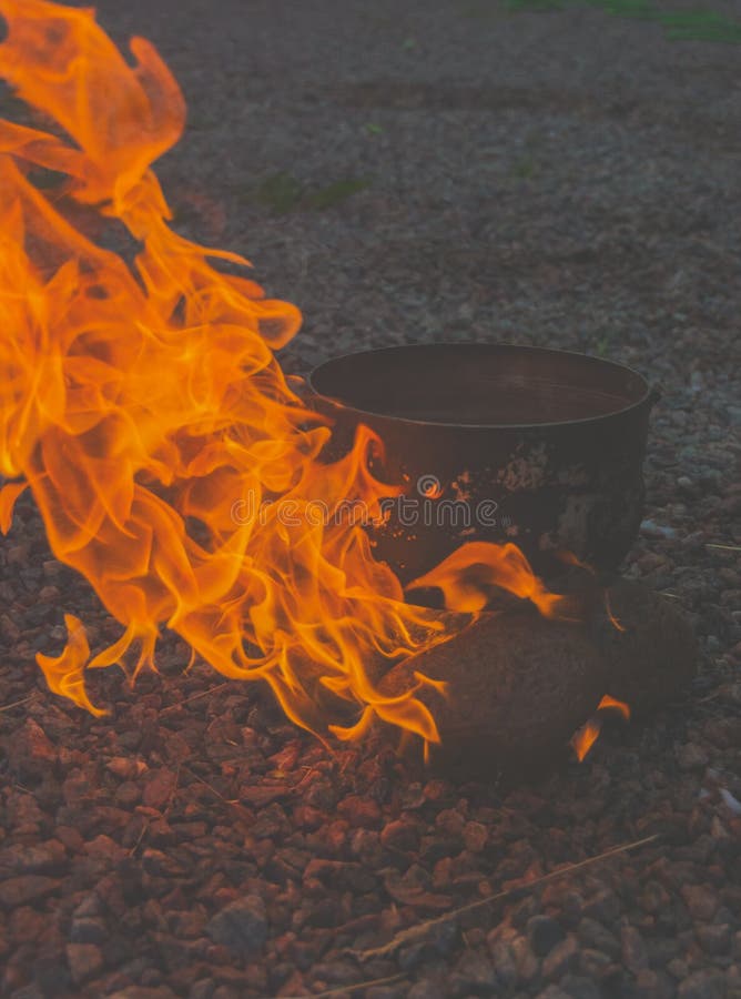 Burn with a Bright Flame Stones and Camp Pot. Stock Image - Image of ...